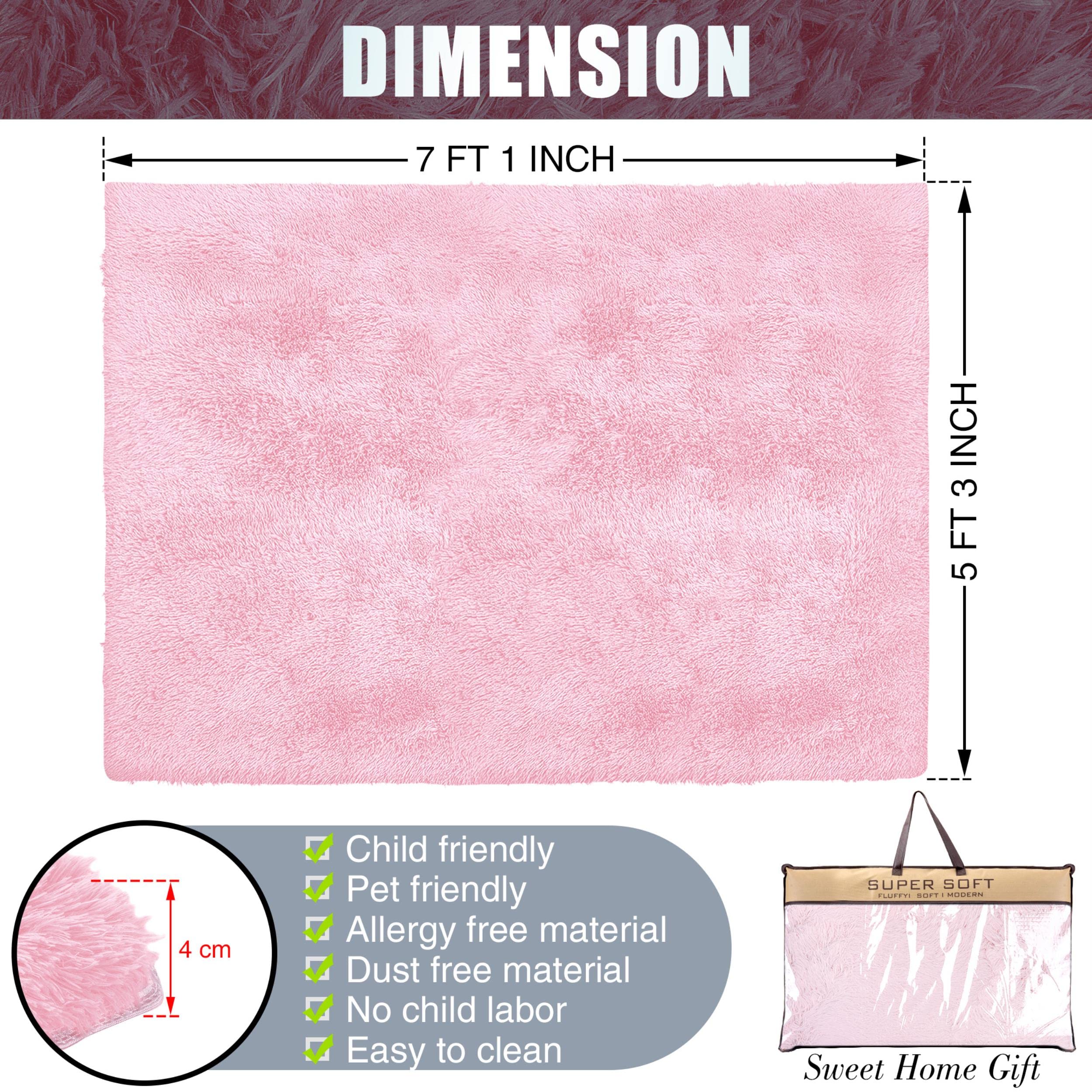 RUG BRANCH Super Soft Plain Plush Shag Pink Indoor Area Rug for Living Room, Bedroom, Dining Room, and Kitchen - 4' x 6' (4' X 5'3")
