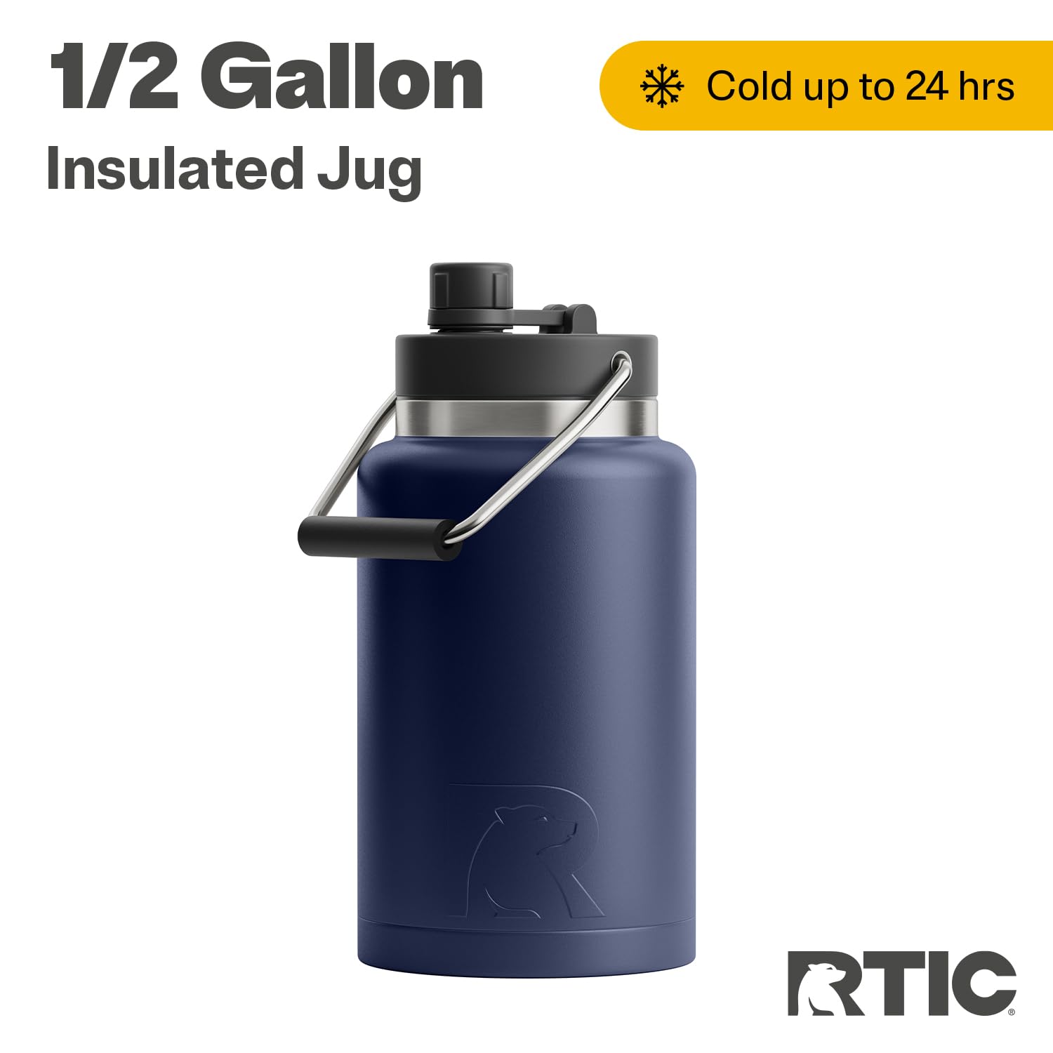 RTIC Jug with Handle, Half Gallon, Navy Matte, Large Double Vacuum Insulated Water Bottle, Stainless Steel Thermos for Hot & Cold Drinks, Sweat Proof, Great for Travel, Hiking & Camping