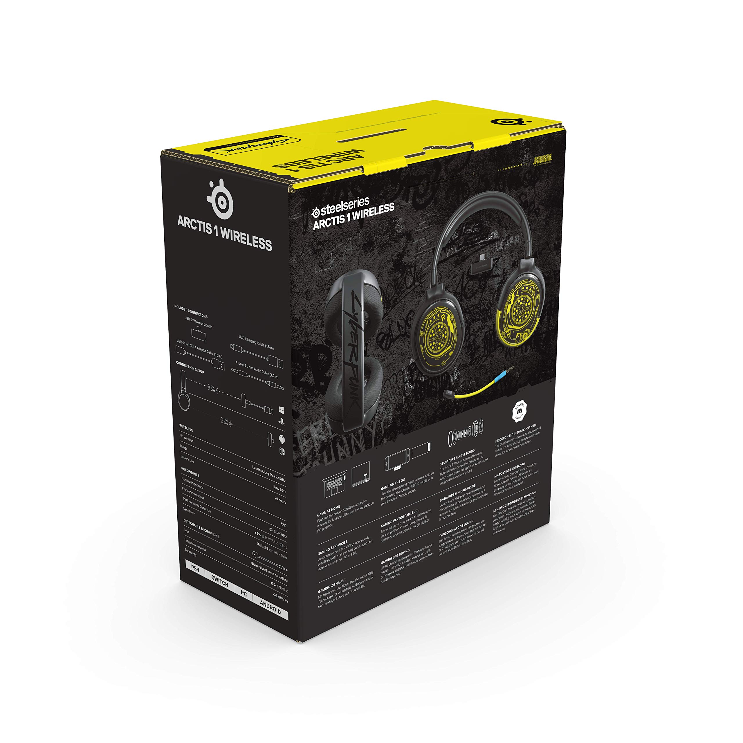 SteelSeries Arctis 1 Wireless Cyberpunk 2077 Limited Edition Gaming Headset -USB-C Wireless -Detachable ClearCast Microphone – Compatible with PC, PS4/PS5, Nintendo Switch and Lite, Android–Netrunner