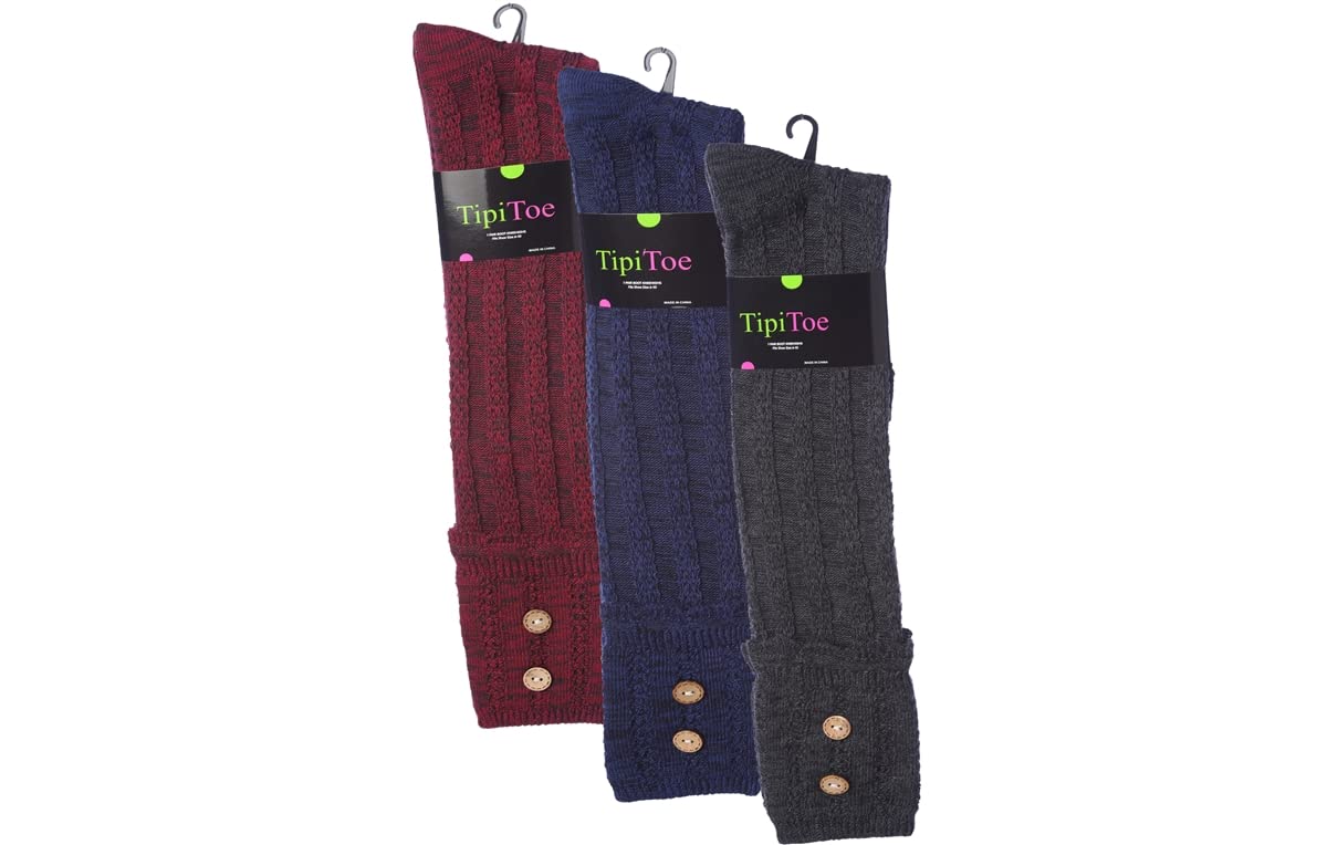 Tipi Toe Women's 3-Pairs Winter Warm Knee High/Over The Knee With Buttons Cotton-Blend Boot Socks KH01-B