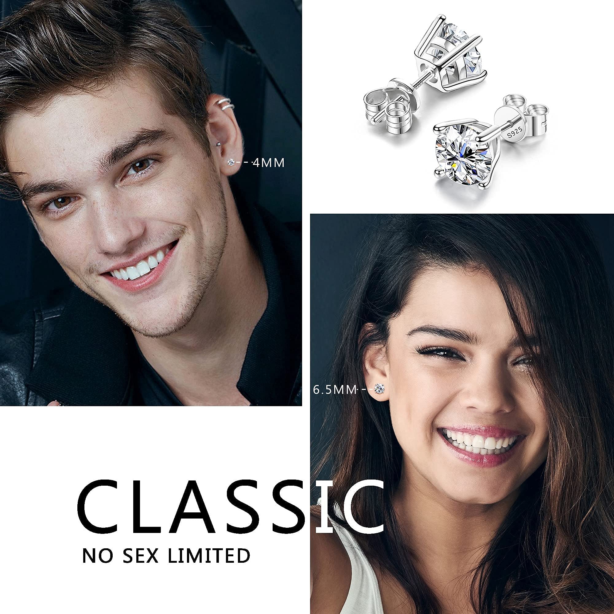 Sllaiss Sterling Silver Cubic Zirconia Stud Earrings for Women Men 14k White Gold Plated Round CZ Earrings for Sensitive Ear (4MM (0.5CT), SILVER)