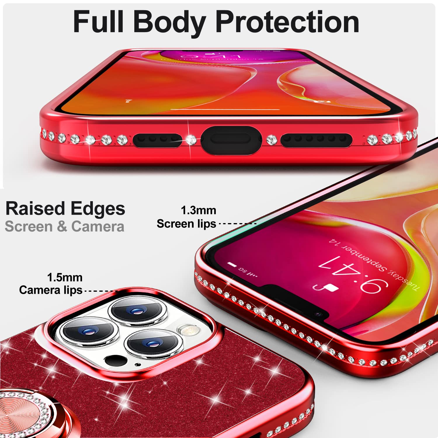 Thomo Compatible with iPhone 12 Pro Max Case,[Bling Kickstand] Cute Glitter Slim Full-Body Protective Bumper Phone Cases for iPhone 12 Pro Max Women Girls-WineRed