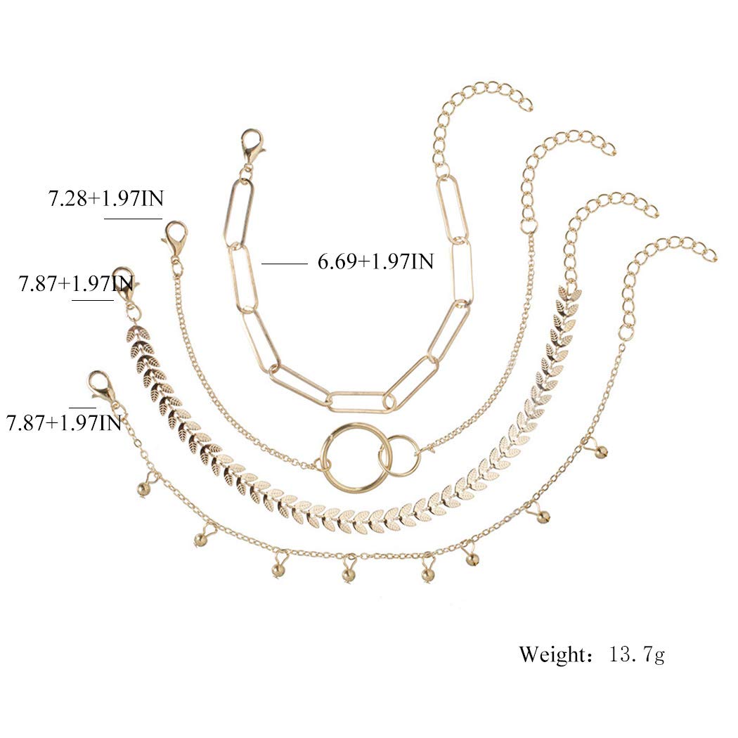 Sakytal Boho Stackable Circle Bracelet Set Gold Fish Bone Layered Beaded Paperclip Link Bracelet Chain Jewelry for Women(4PCS)