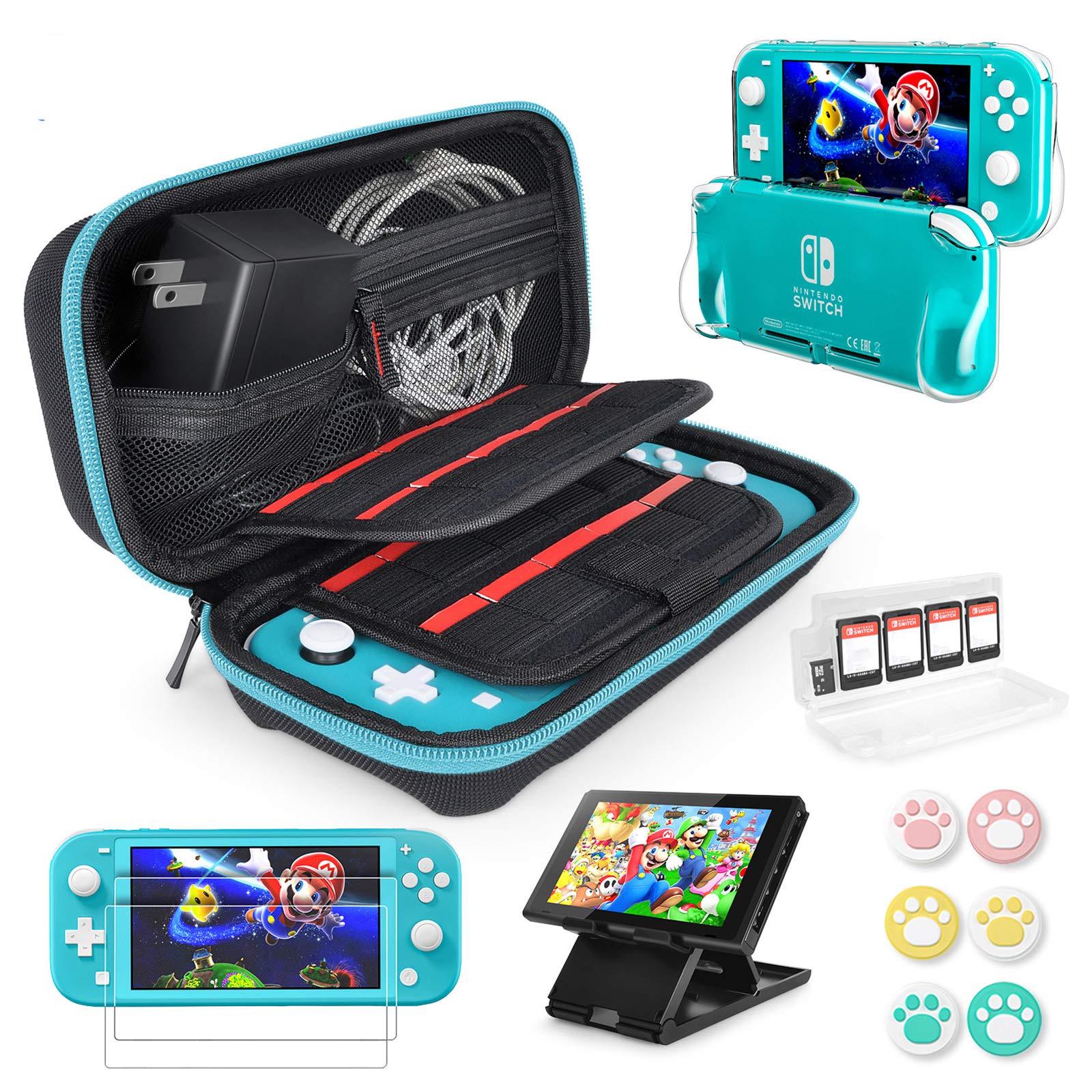 Switch Lite Accessories Bundle kit - Case & Screen Protector Compatible with Nintendo Switch Lite, Table Stand, Games Holder, TPU Grip Case, 6 pcs Cult Cat Thumb-Grip & More (Hestia Goods Gift Pack)