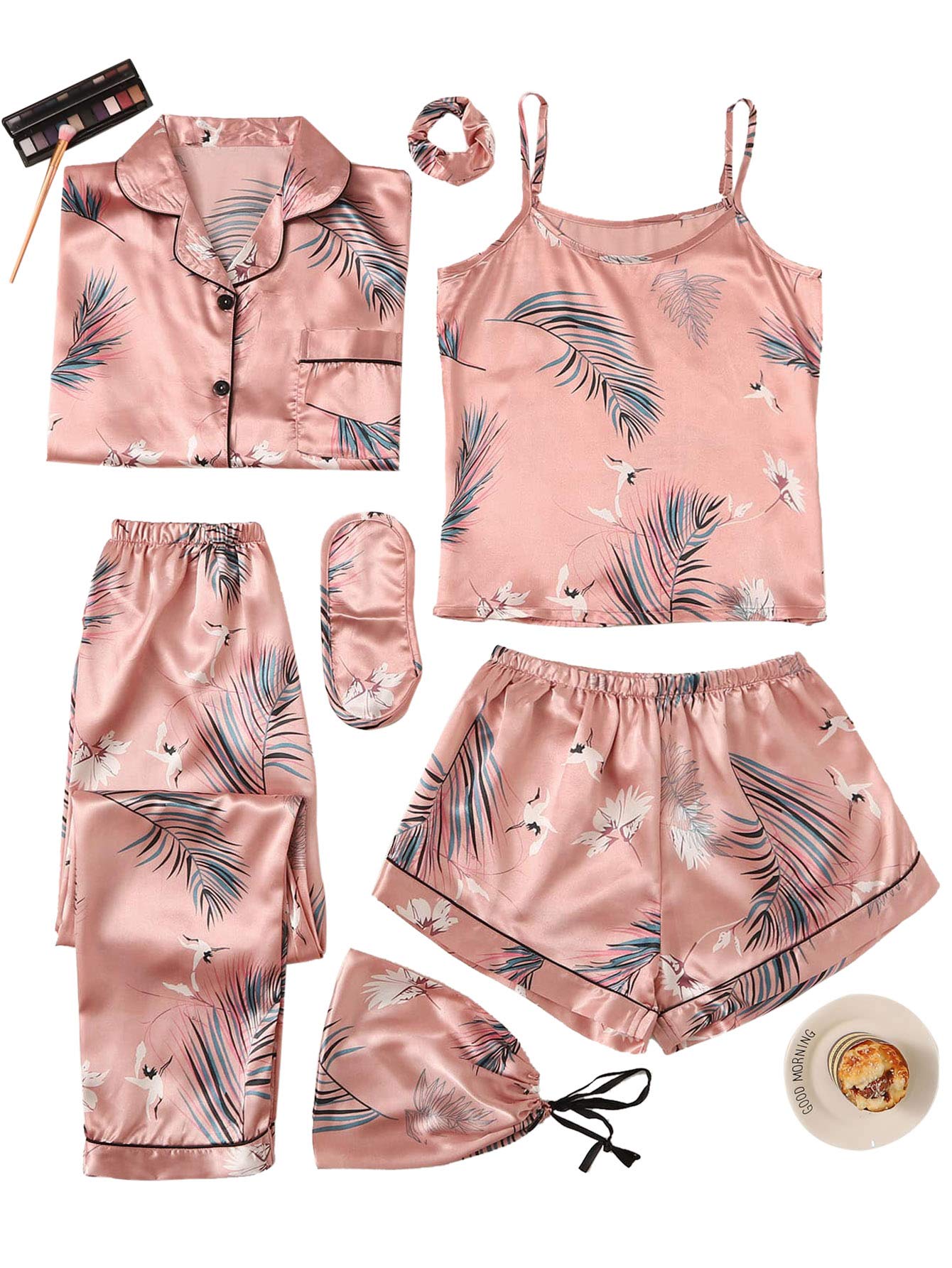 SheIn Women's 7pcs Pajama Set Cami Pjs with Shirt and Eye Mask Pink Crane Small