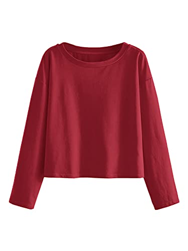 SweatyRocks Women's Casual Long Sleeve Tops Raw Cut Pullover Sweatshirt Solid Burgundy S