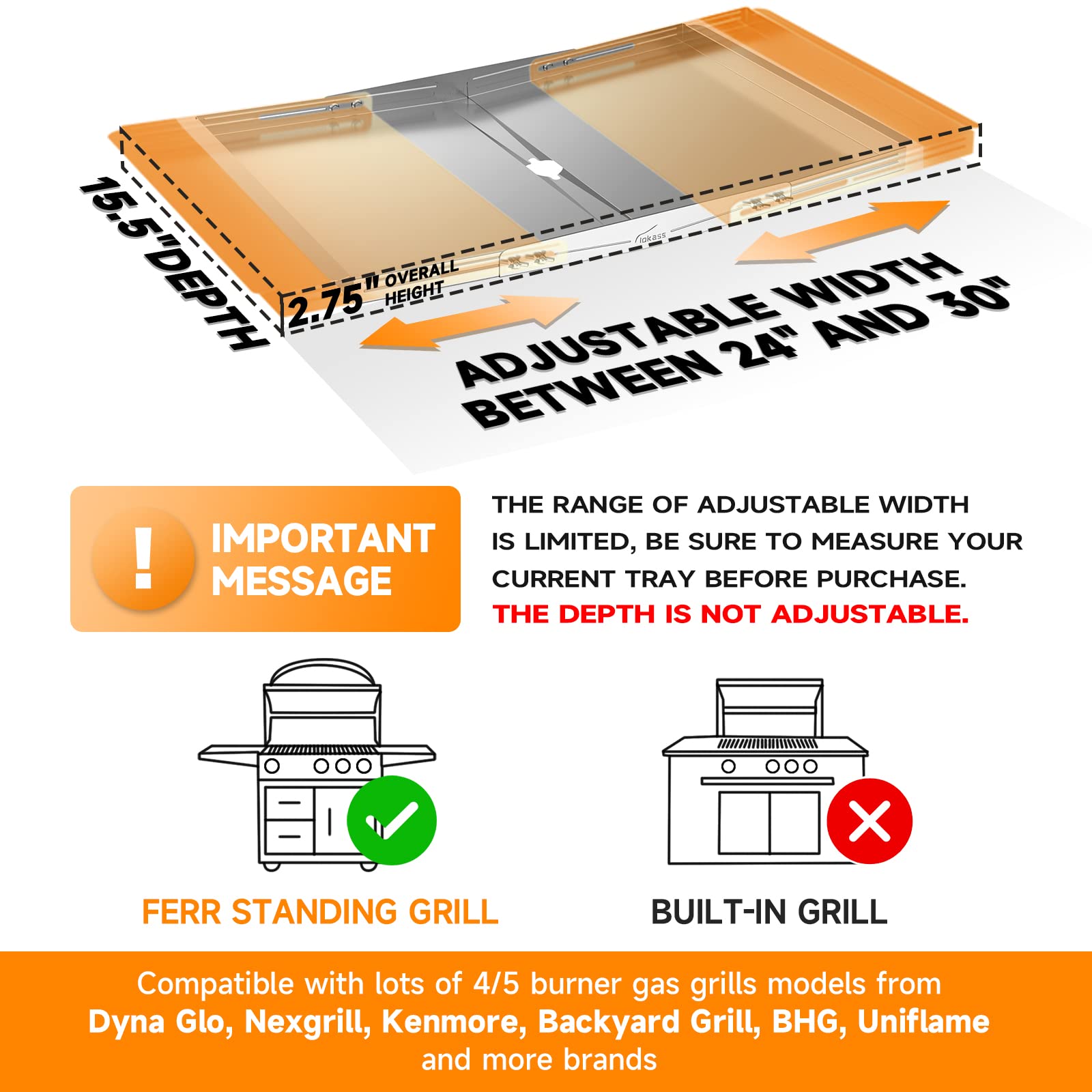 qenlicyo Grill Grease Tray Replacement Parts for Dyna Glo, Nexgrill, Expert, Kenmore, BHG and More, Unlimited Tray Capacity Universal Grill Drip Pan Replacement for Gas Grill 4/5 Burner (24"-30")