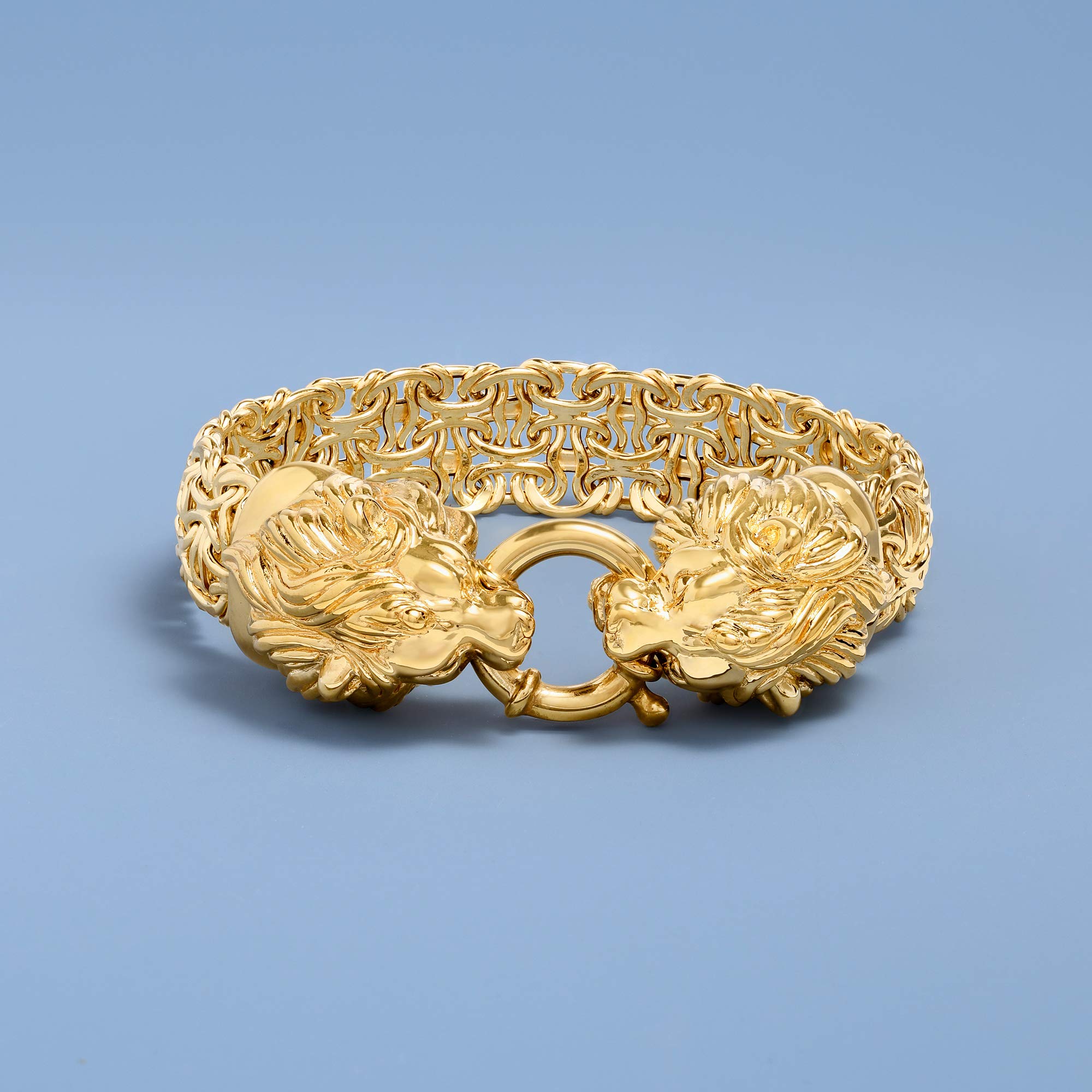 Ross-Simons Italian 14kt Yellow Gold Double Lion Head Byzantine Bracelet. 7 inches