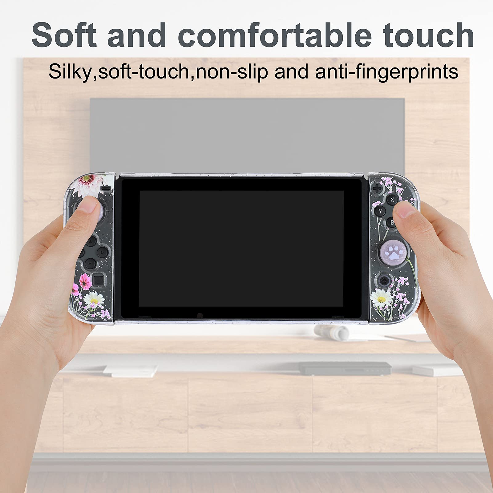 ThreeShip Kawvisy Dockable Crystal Case for Switch, Glitter Switch Cover with 4 Cute Cat Claw Thumb Grips and Screen Protector, Sparkle Switch Case(Pink Flower)