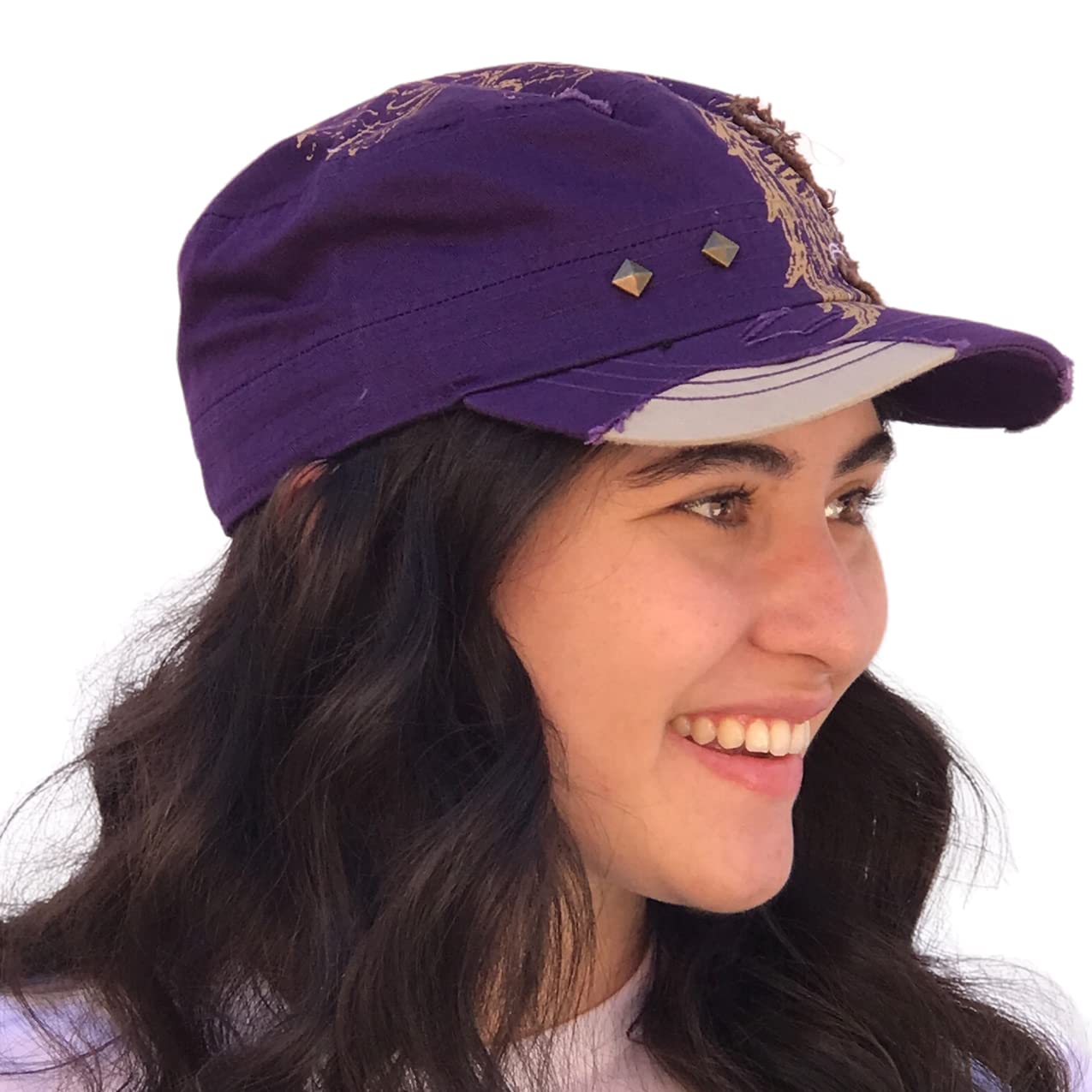 SILVERFEVER Women's Military Cadet Cap Hat - Patch Cotton - Studded & Embroidered (Purple, Cross Angel Wings)