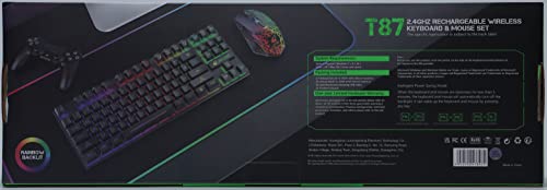 Wireless Gaming Keyboard Mouse and Wrist Rest Set with 87 Key Rainbow Backlight Rechargeable 3800mAh Battery Mechanical Feel Anti-ghosting Ergonomic Waterproof Mute Mice for PC Mac Gamer (Black Mix)