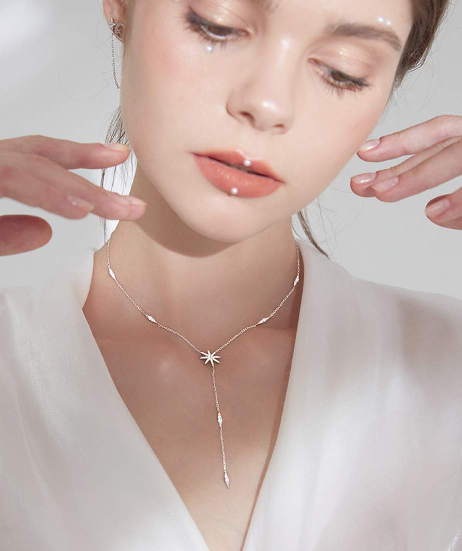 SLUYNZ 925 Sterling Silver Star Y Necklace for Women Teens CZ Star Necklace Snowflake Choker Necklace Pendant (A-Silver)