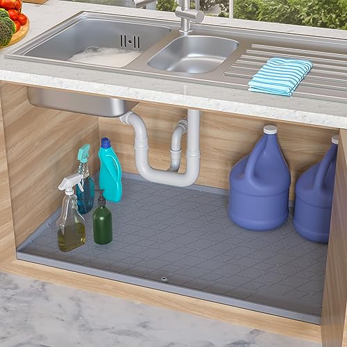 RUGICI Under Sink for Kitchen Bathroom Cabinets Protection Mats, 34" x 22" Waterproof Silicone Flexible Under Sink Drip Tray Liner with Drain Hole for Below Sinks Durable, Grey