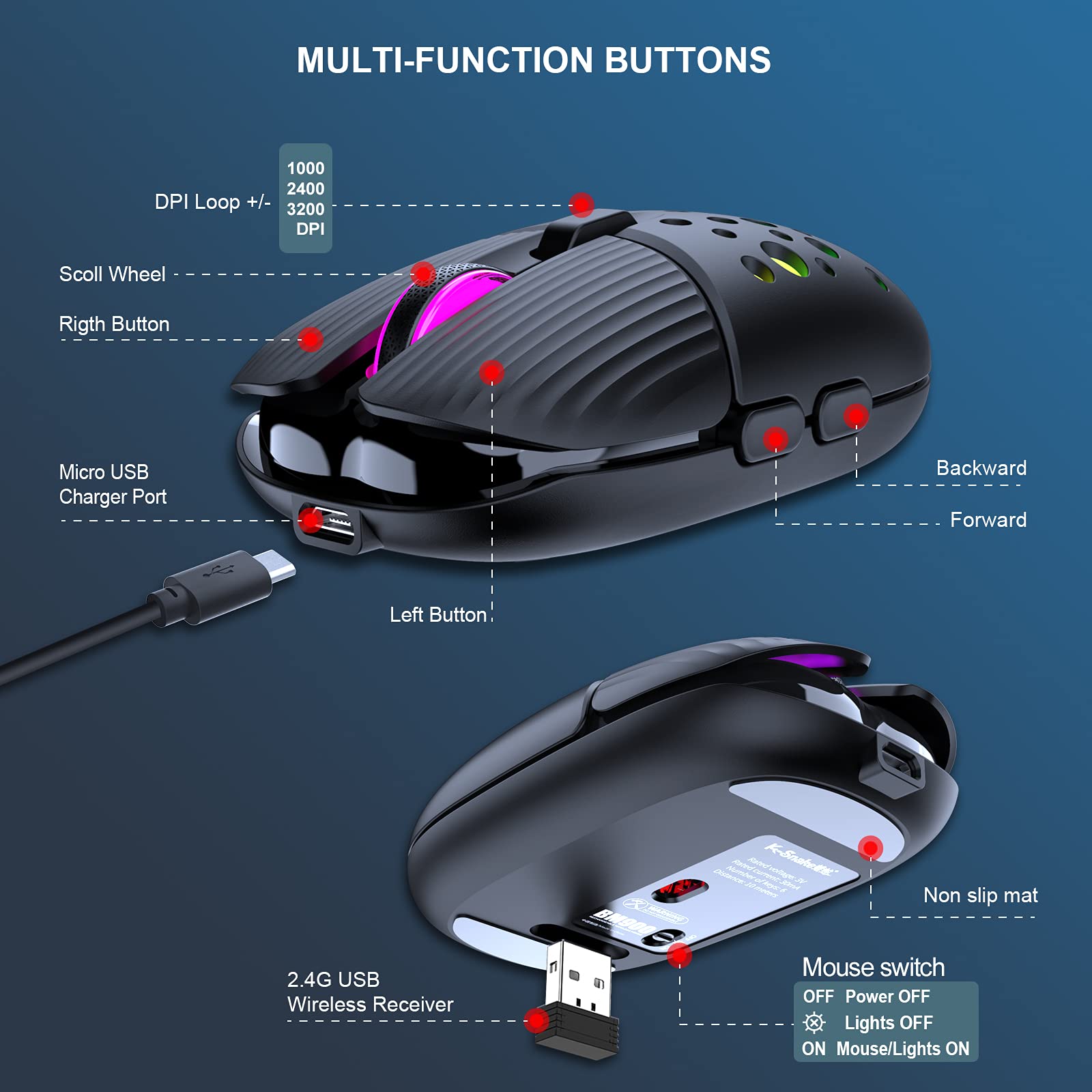 Wireless Gaming Mouse, 2.4G Portable Computer Mouse with Honeycomb Shell, Adjustable DPI, Silent Click, 7 Changeable LED Color Ergonomic Optical Gamer Mice for Laptop PC Gamer Computer Desktop(Black)