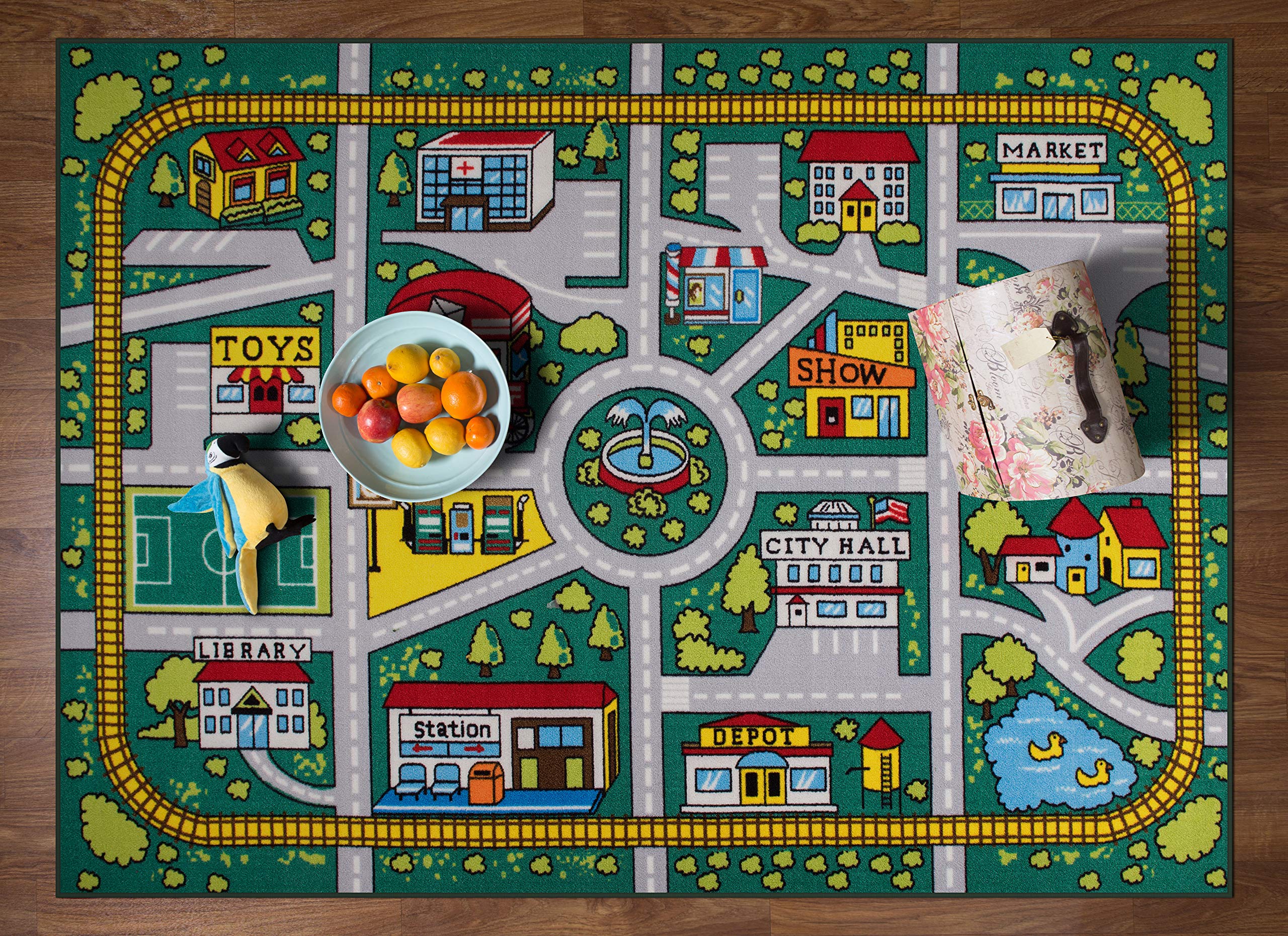 Rugshop Kids Educational Learning City Life Road Non Skid (Non Slip) Area Rug 5' x 7' Green