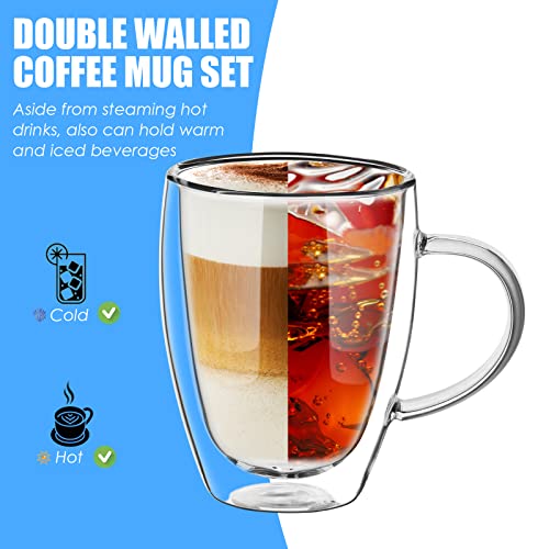 Ulrikco 12oz Double Walled Glass Coffee Mugs with Handle, Clear Cappuccino Glass Mug Set of 4, Insulated Layer Coffee Cups, Clear Borosilicate Glass Mugs, Glasses Espresso Mugs for Coffee