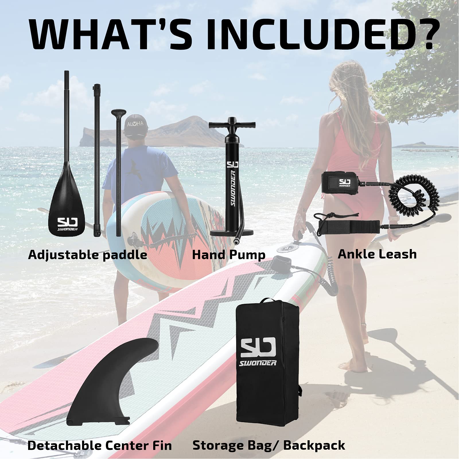 Swonder Inflatable Stand Up Paddle Board for Adult & Youth, 17.2 lbs Ultra-Light, Super Steady SUP w Non-Slip Deck, Full Premium Accessories - Paddle, Backpack, Leash, and Pump