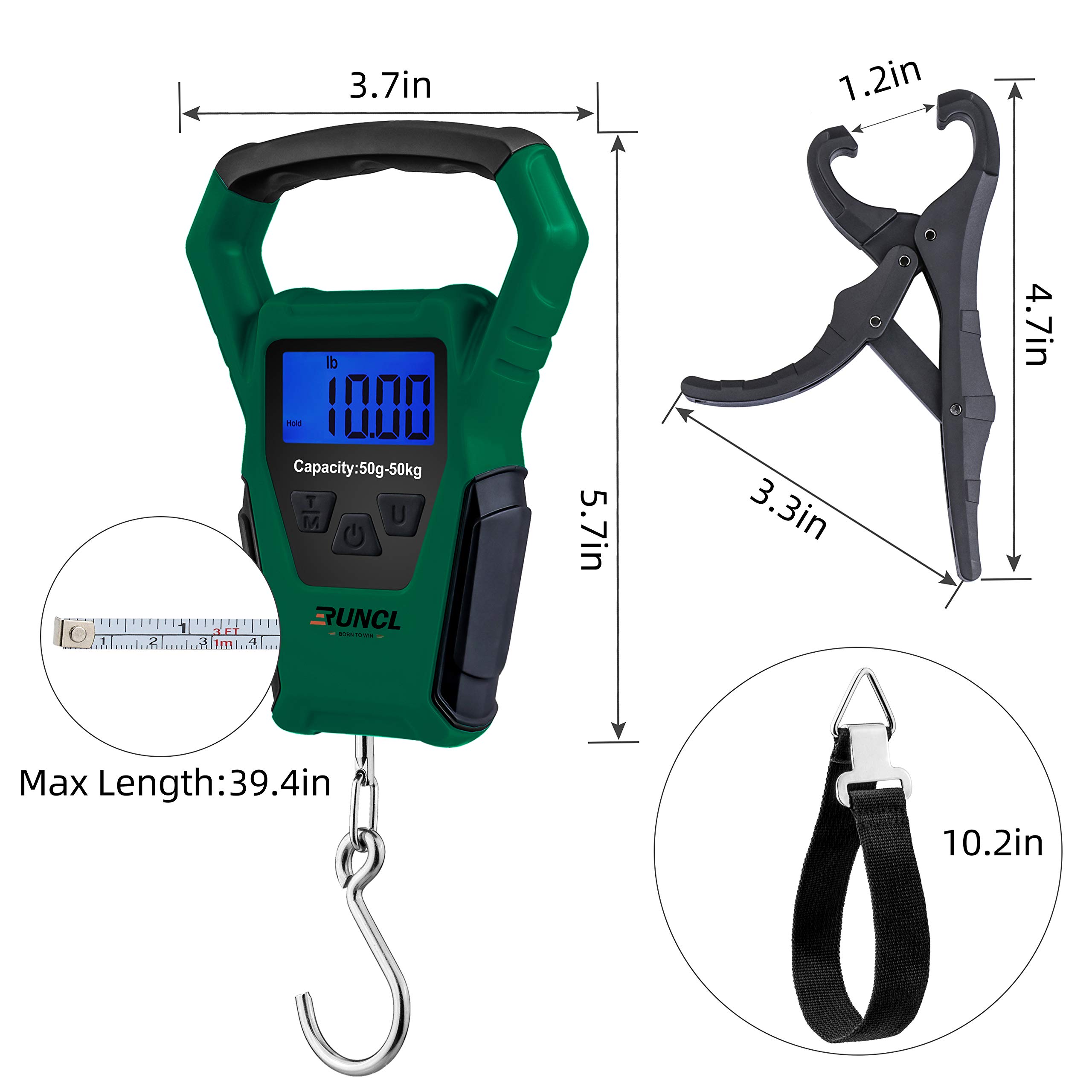 RUNCL Waterproof Fishing Scale with Lip Gripper, Digital Hanging Scale with 40 Inch Built-in Tape, Three Mode-LB/OZ/KG, Non-Slip Big Handle, 110 lb/50kgs, Memory Storage, Backlit LCD Display(Green)