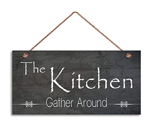 WEIMEILD The Kitchen Gather Around Rustic Crackle Home Decor Wood Sign Plaque 10" x 5" Hanging Wall Art, Decorative Funny Sign,Garden Sign(09-W128)