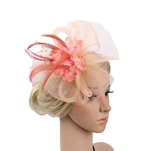 Women Feather Mesh Floral Headband Hair Clip Accessories Band Cocktail Party Hat Wedding Bride Accessories Orange One Size