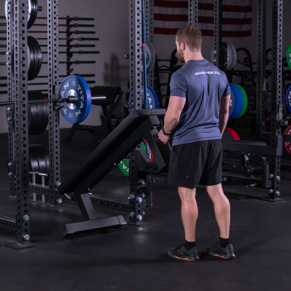 Titan Fitness Tri-Pod Competition Flat Weight Bench, 1,000 LB Capacity, Dedicated Home Gym Weightlifting & Strength Training Utility Bench, HeftyGrip Vinyl Upholstery, Front Handle & Rear Wheels