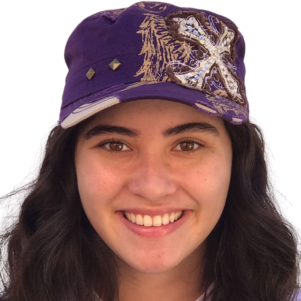 SILVERFEVER Women's Military Cadet Cap Hat - Patch Cotton - Studded & Embroidered (Purple, Cross Angel Wings)