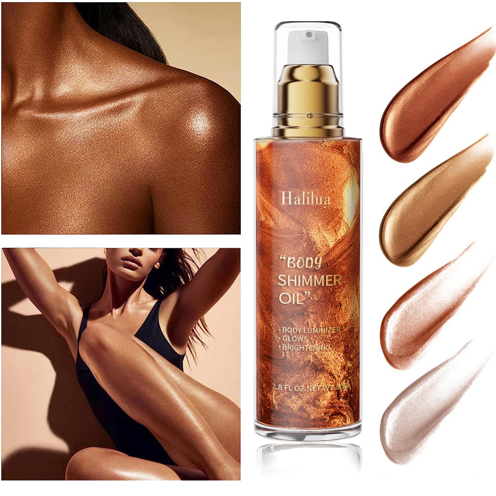 Shimmer Body Oil, 4 Colors Face and Body Liquid Luminizer, Waterproof Moisturizing Light Shimmer Glow Illuminator Liquid Highlighter Makeup, Liquid Illuminator Body Highlighter 2.8oz/Jars (Halilua-shimmeroil-4#)