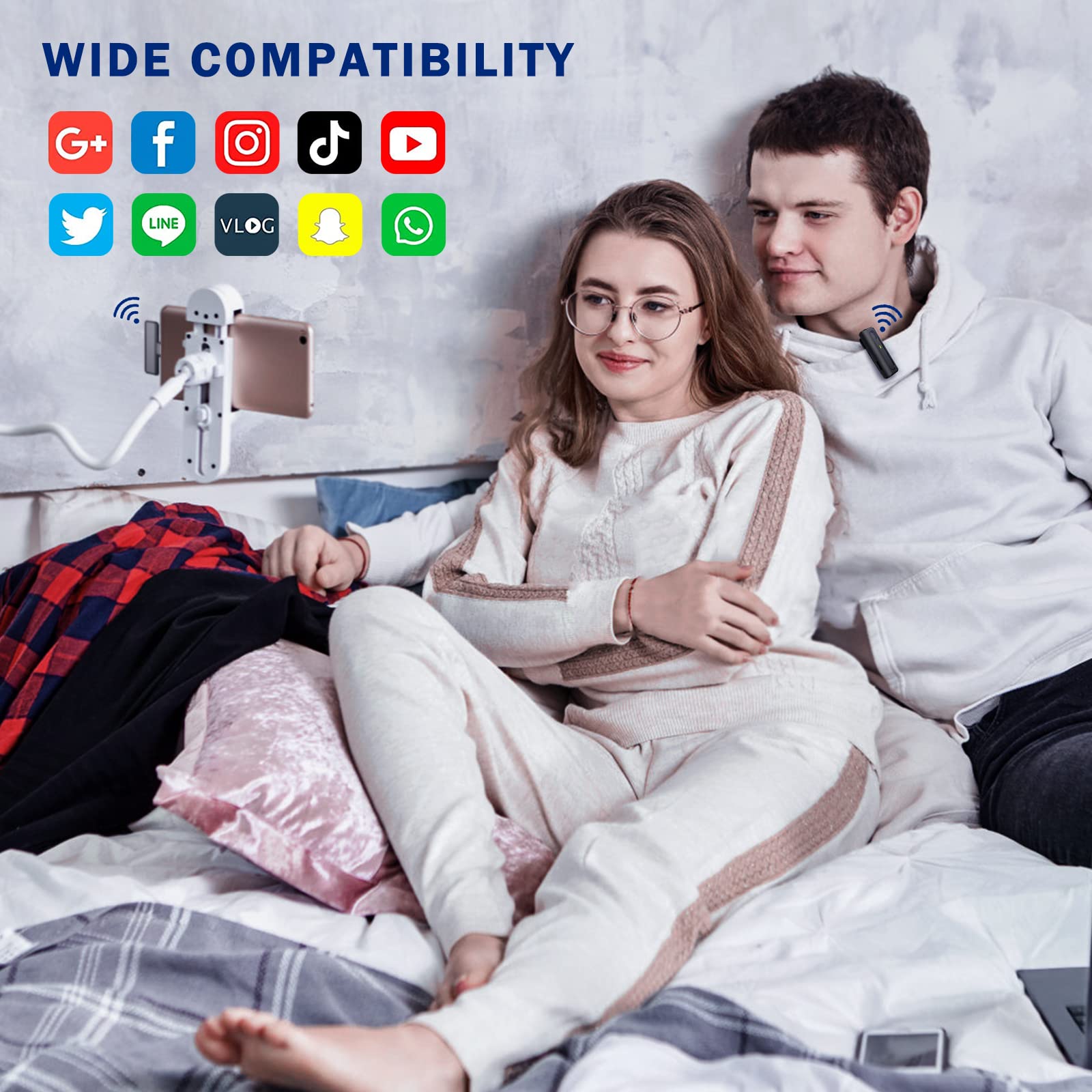 Wireless Lavalier Microphone, Upgraded Plug-and-Play HD Mic Compatible with iPhone/iPad for Youtubers/Tiktok/Facebook Live Stream/Vloggers/Interview, Noise Reduction & Auto-Sync