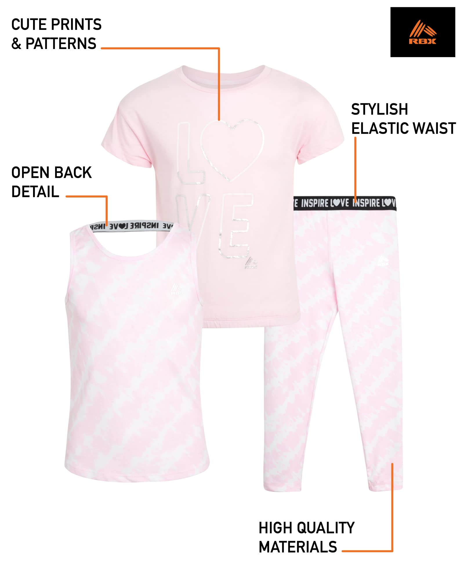 RBX Girls' Activewear Set - Short Sleeve Performance T-Shirt, Tank Top, and Capri Leggings (4-12), Size 10/12, Love Multi