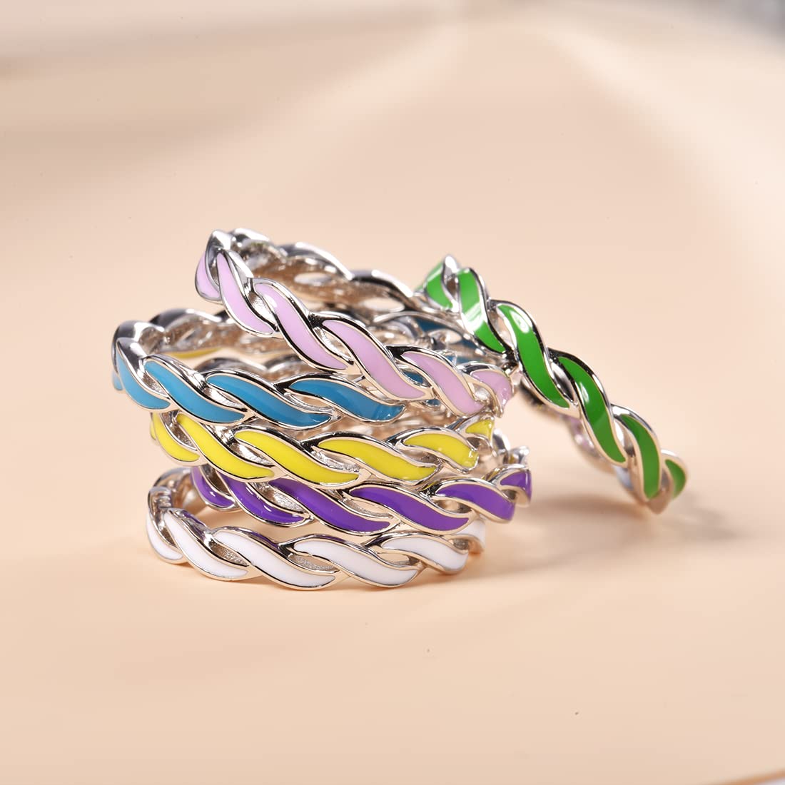 Santuzza 925 Sterling Silver Stacking Ring Handmade Enamel Colorful Twisted Stackable Ring for Women (White,6.5)