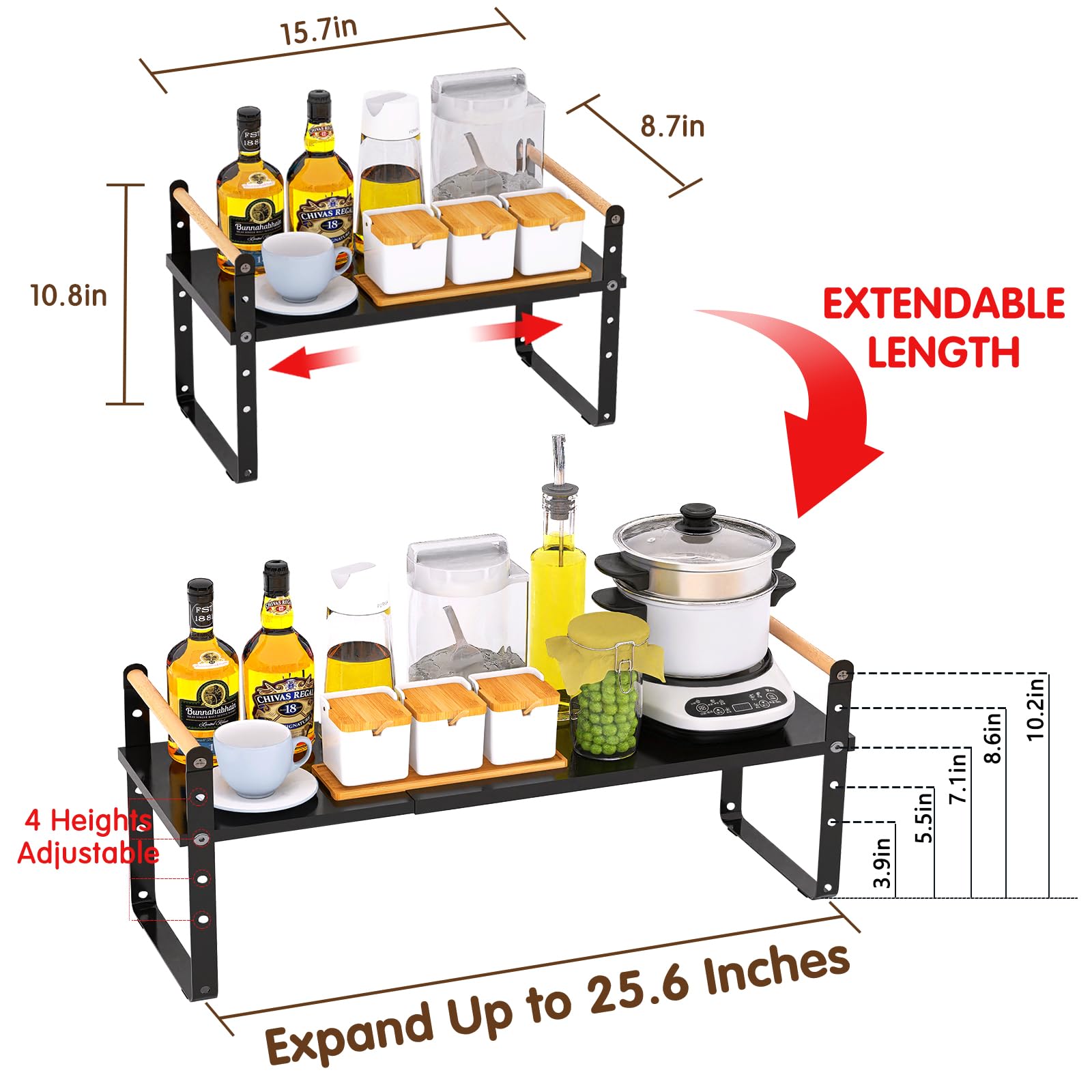RUILALIFE Expandable Shelf Organizer for Kitchen Countertop,Adjustable Cabinet Shelf Organizers,Stackable Kitchen Counter Shelf Rack,Tiered Risers Shelves for Storage Pantry
