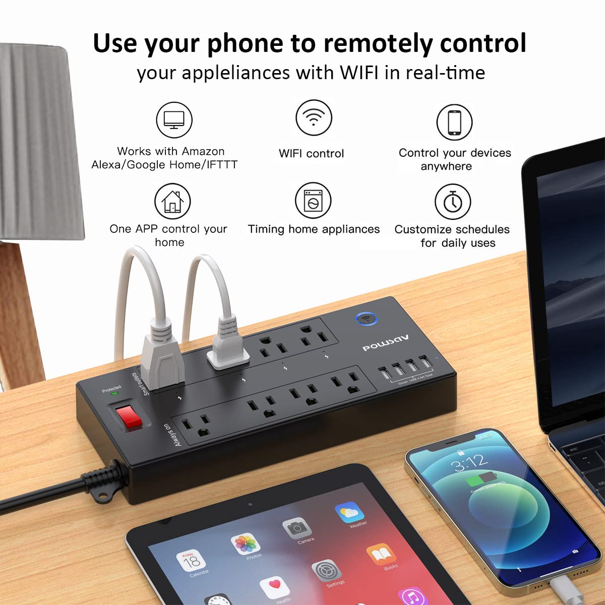 Smart Plug, Power Strip, POWSAV Smart Home WiFi Surge Protector with 5 Smart Outlets (Works with Alexa & Google Home) and 5 Always on outlets and 4 USB Ports, 6 Feet Extension Cord, Black, ETL Listed
