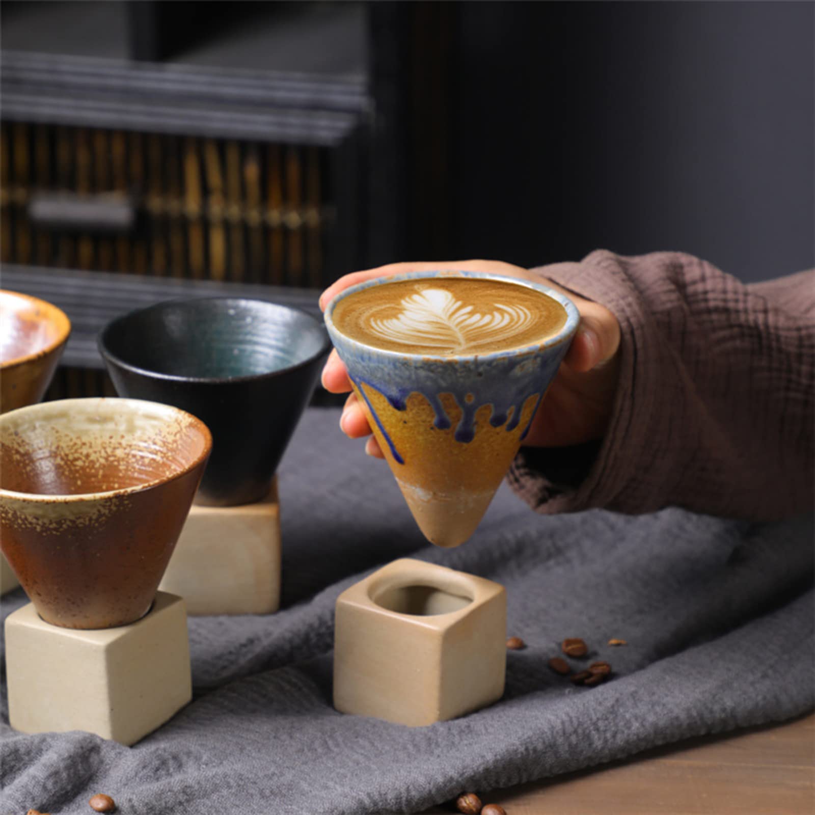 WINARA Japanese Ceramic Tea Cup,Creative Funnel Ceramic Coffee Cup with Base,Retro Style Ceramic Tea Mugs Espresso Cups Milk Cup for Home Office,Funny Gifts for Women Men