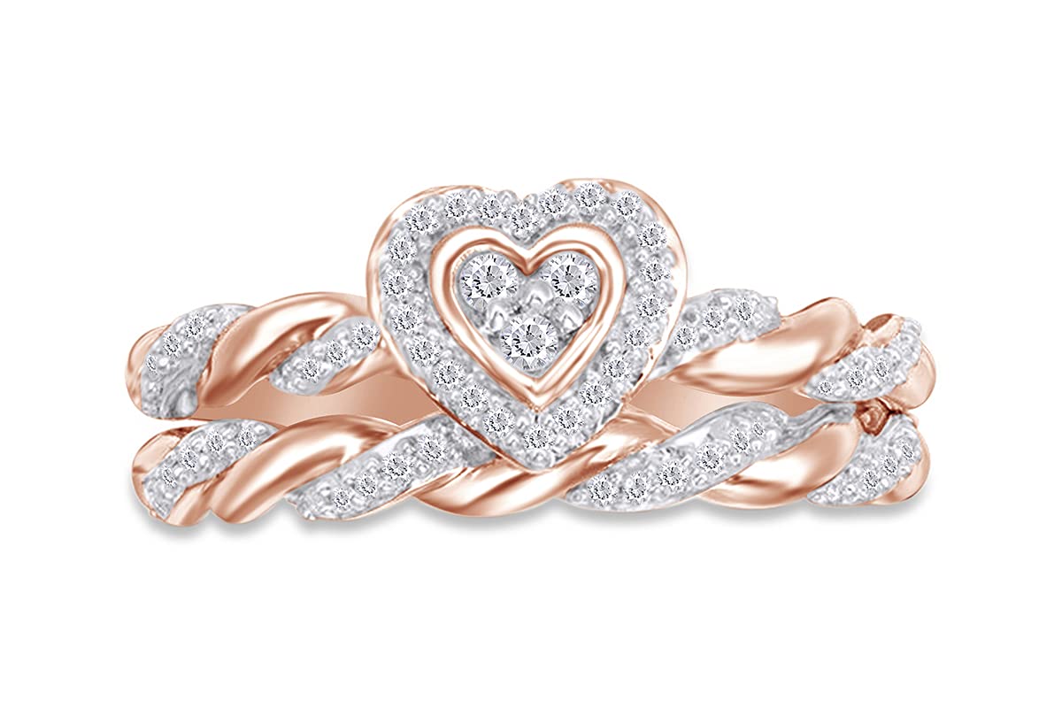 Wishrocks 1/5 Carat Round Cut White Natural Diamond Heart Shape Frame Twist Bridal Ring Set in 14k Rose Gold Over Sterling Silver (0.20 Cttw, Color- I-J, Clarity- I2) Ring Size- 8.5