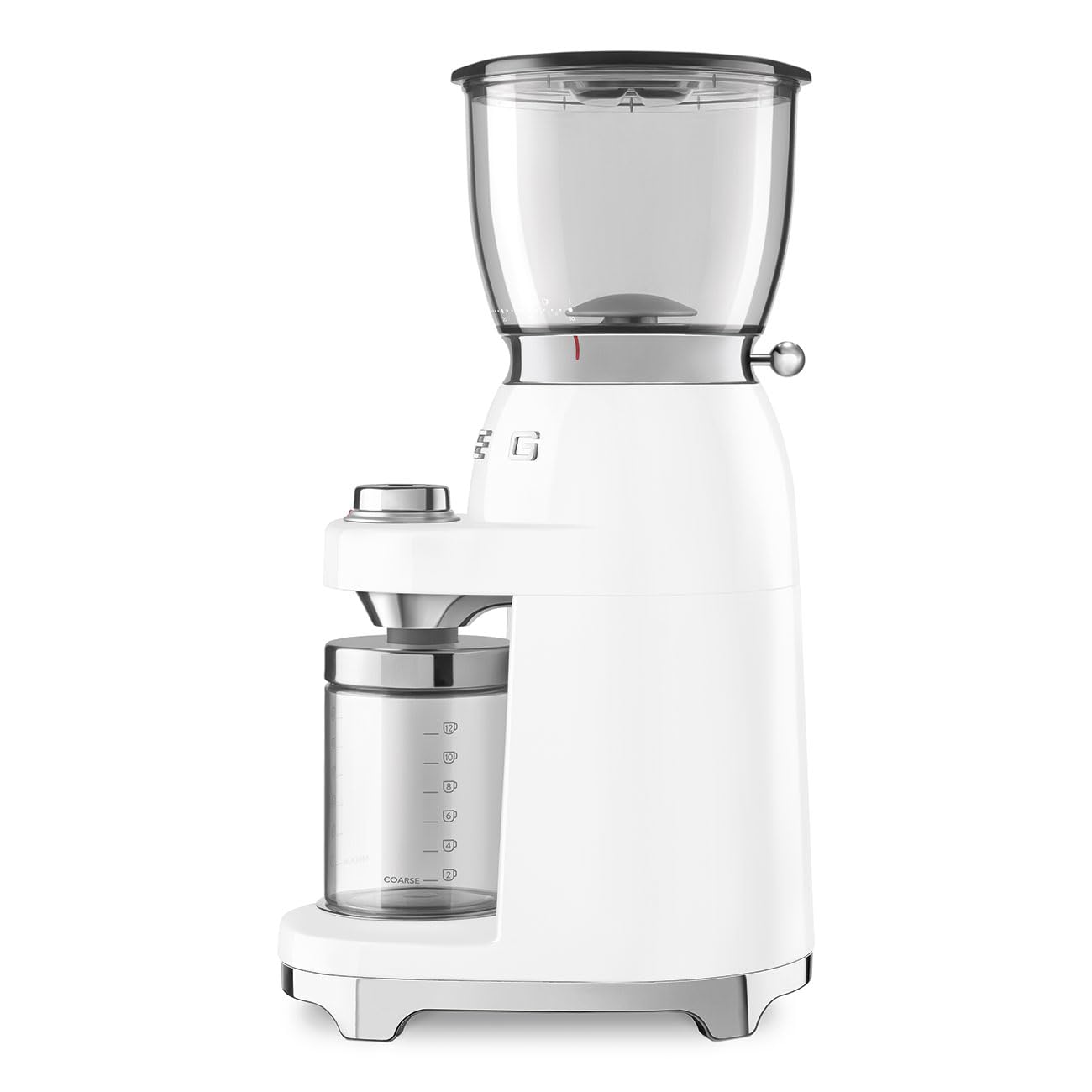 Smeg CGF01WHUK Coffee Grinder, Aluminium Construction, 50's Retro Style, 8 Programme Settings and 3 Grinding Grades, White