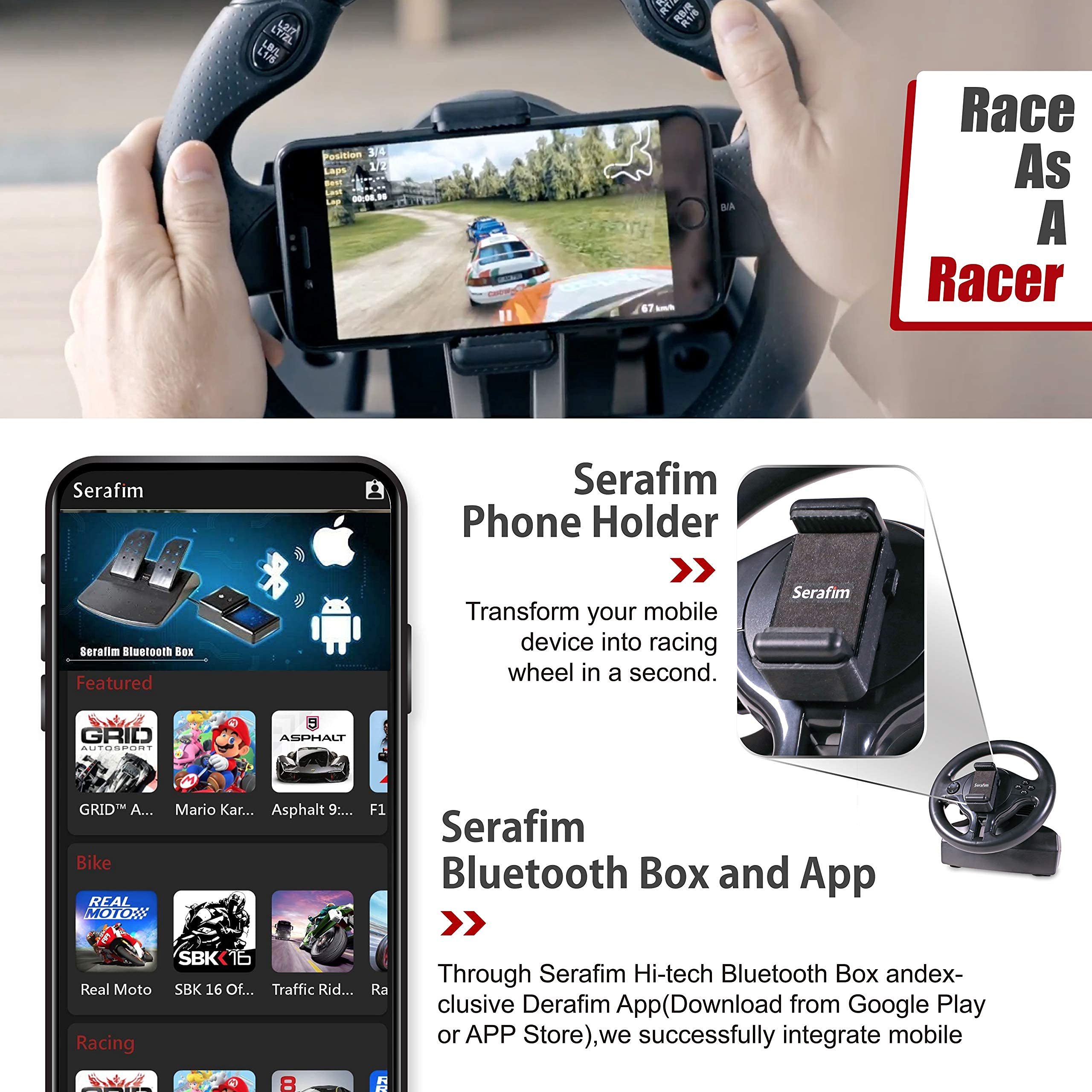 Serafim R1+ Racing Wheel 2021 Ver. - Steering Wheel with Sensitive Pedal – fully supports : XBOX ONE, XBOX Series X&S, PS4, PS3, Switch, PC, iOS, Android - Xbox One Steering Wheel, PS4 Steering Wheel, PC Gaming Wheel