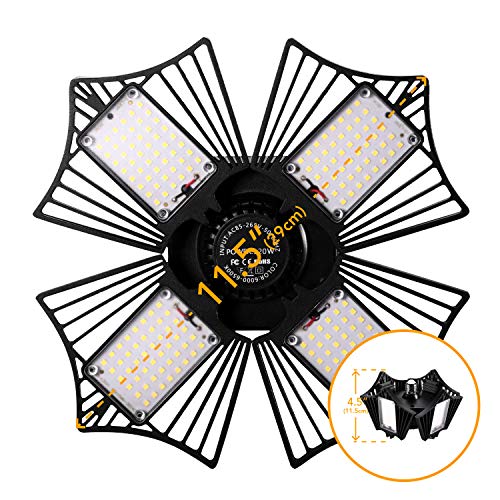 RUN STAR LED Garage Lights 75W,6000 lumens LED Garage Ceiling Light, CRI 80, 6000K Daylight with 4 Adjustable Panels, E26/E27, Shop Light for Garage, Barn, Workshop,Warehouse (Black(1 Pack))