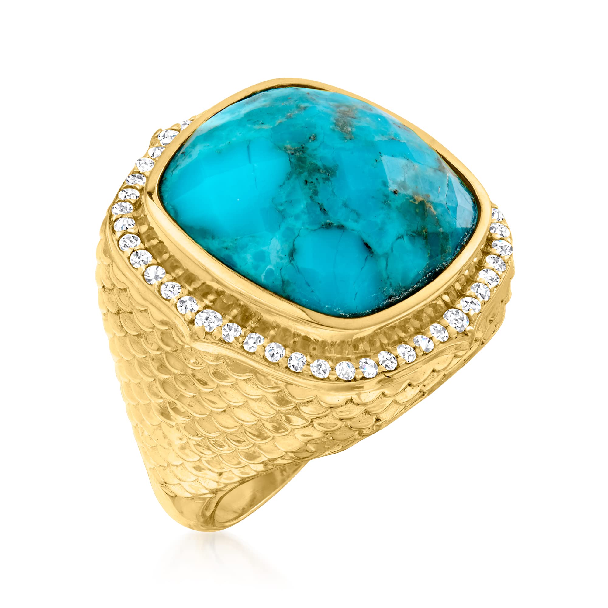 Ross-Simons Turquoise and .70 ct. t.w. White Zircon in 18kt Gold Over Sterling. Size 8