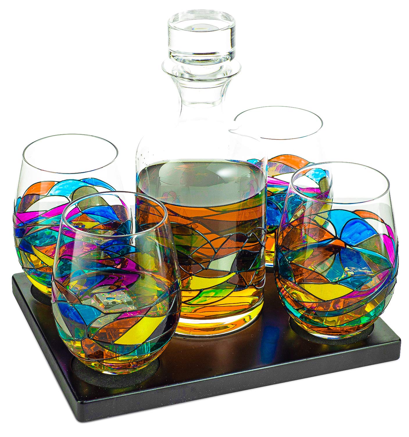 The Wine Savant Artisanal Hand Painted Glassware Gift for Mom, Wife, Friend - Artisanal Barcelona Hand Paint Whiskey & Wine Decanter Set, Renaissance Romantic Stain-glasses- Gift Multicolor