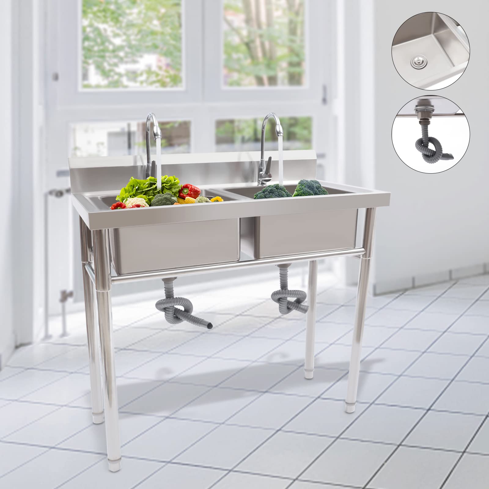 PaNeTnya Free Standing Double Bowl Sink,Commercial Stainless Steel Kitchen Sink,2 Compartment Utility Sink with Faucet for Garage,Restaurant,Kitchen,Laundry Room