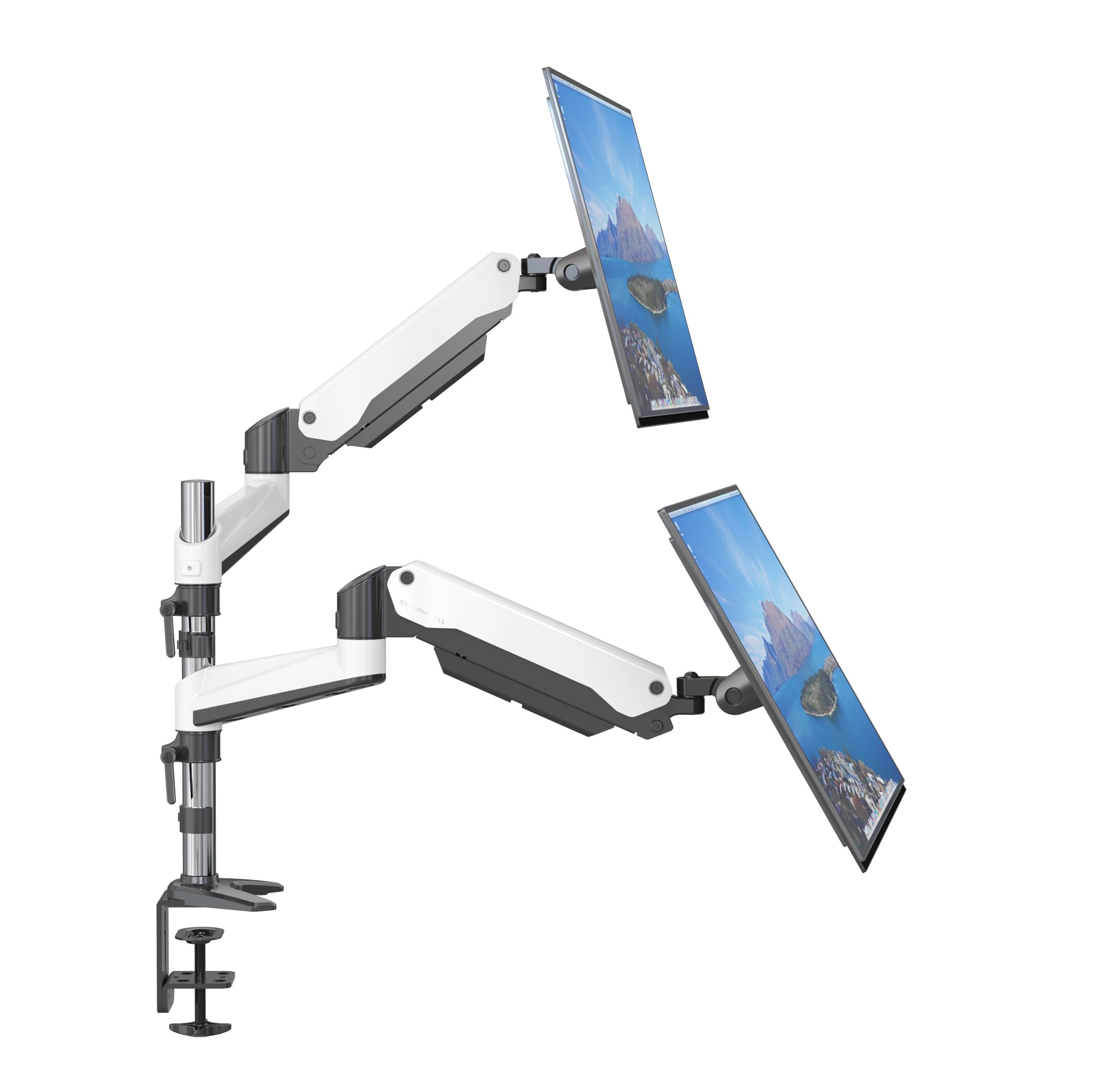 SHOPPINGALL Fully Adjustable Dual Gas Spring LCD Monitor Mount Stand with 2 Arm for 15β-32β Monitors, Clamp and Grommet Mounting Options in The Box, 6 ft HDMI Cable included - SA-GA24-White