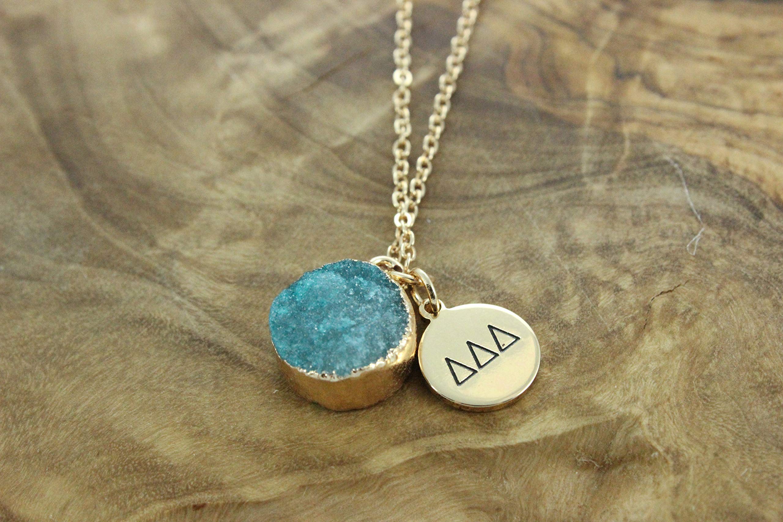 Sorority Shop DDD Necklace - Delta Delta Delta Light Blue Druzy Gemstone Necklace With Engraved Pendant β 14K Gold Dipped Jewelry with Light Blue Gemstone β Sorority Gift, Charm Paraphernalia