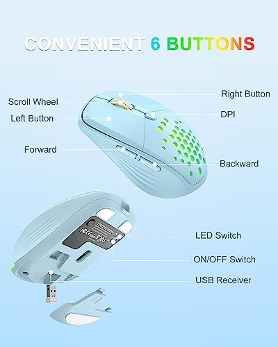 UHURU Wireless Mouse for Laptop, 2.4G Rechargeable LED Mouse, Small Computer Mice with Silent Click,3 Adjustable DPI, 6 Buttons, Compatible with Windows Chromebook (Blue) (UGM-03)
