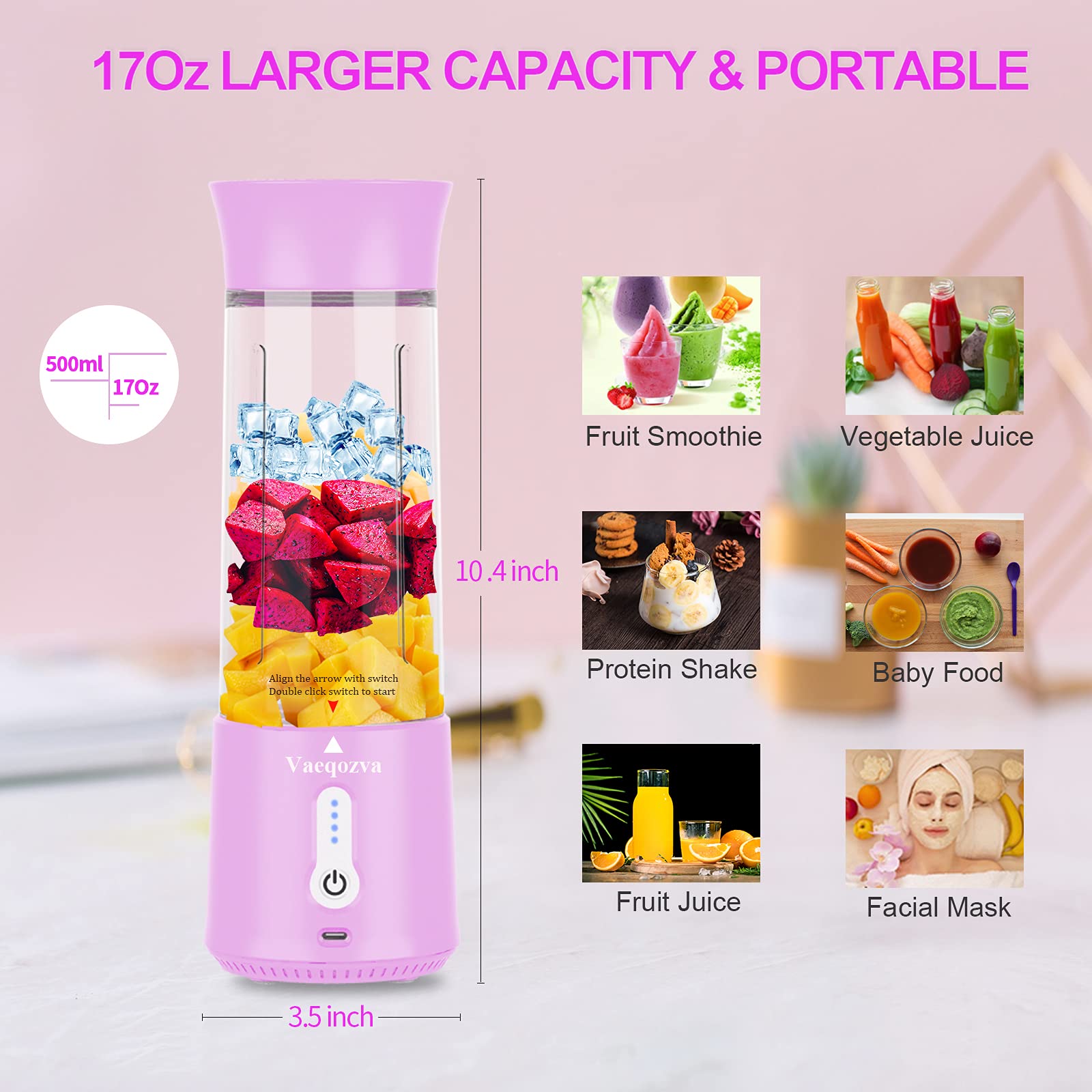 Portable Blender USB Rechargeable, Vaeqozva 17 Oz Large Capacity Mini Blender for Shakes and Smoothies, Waterproof Personal Size Jucier for Travel, Home, Sport, Office, Outdoors-Chic Pink