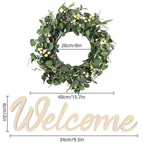 Welcome Wreath Decorations Artificial Eucalyptus Leaves Decorations Wreath Christmas Wreath Holiday Decor with Welcome Wood Board and Plastic Hooks for Home Window Wall Farmhouse Indoor Outdoor