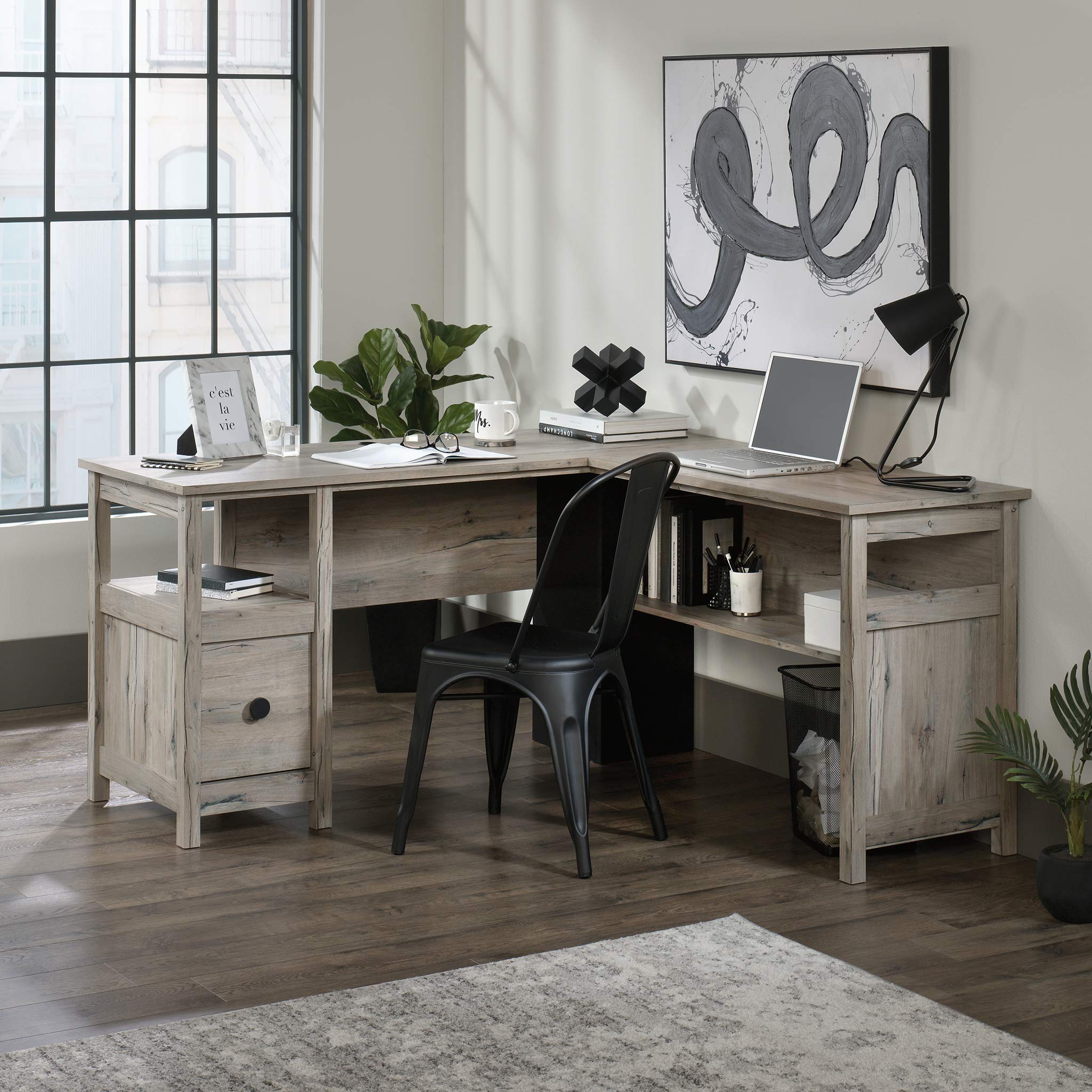 Sauder Linden Market L-Desk, L: 59.055" x W: 59.055" x H: 30.039", Split Oak Finish