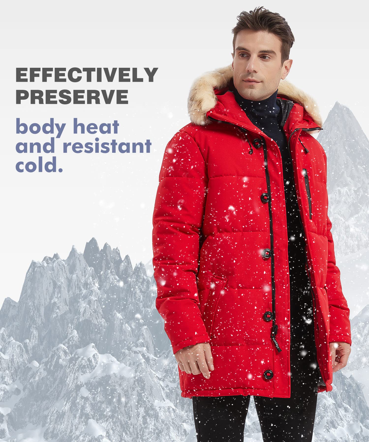 PUREMSX Winter Coats for Men, Padded Insulated Quilted Outwear Long Puffer Warm Skiing Hiking Snow Coats,Red,X-Large