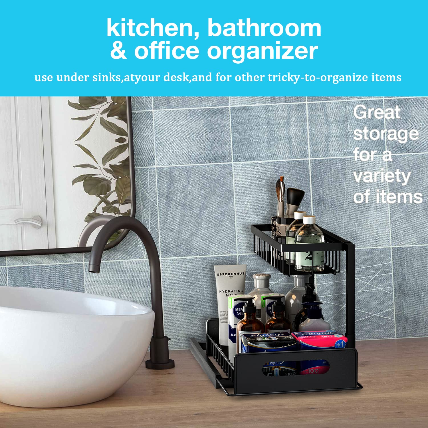 Under sink organizer, Furihshe kitchen storage pull out double shelf drawer 2-Tier Slide Out Sliding Shelf Under Cabinet Storage Multi-Use for Under kitchen sink organizers and storage, Black