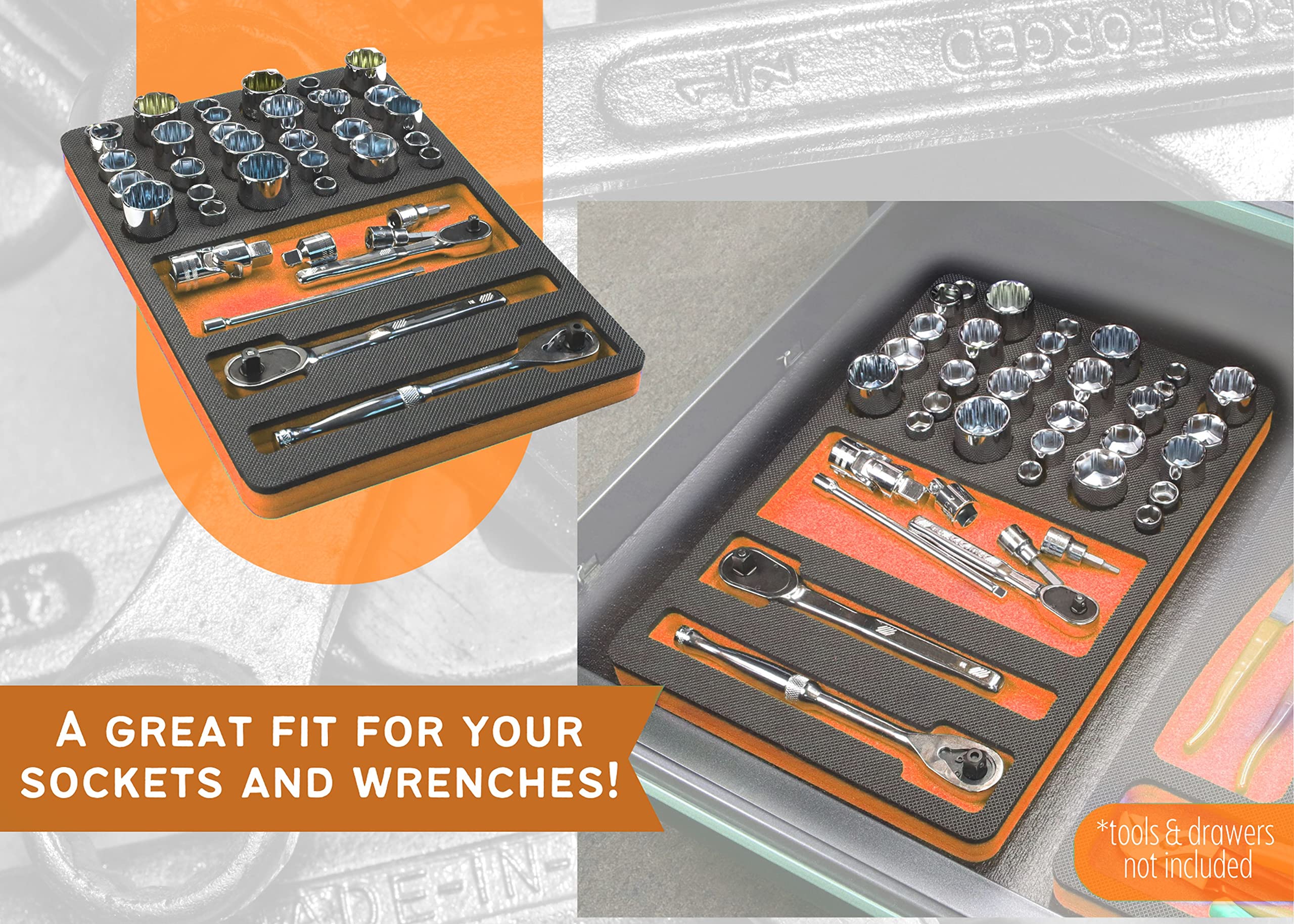 Polar Whale Tool Drawer Organizer Socket Holder Insert Orange and Black Durable Foam Strong Tray 15 x 10 Inches Holds 30 Sockets and More Fits Craftsman Husky Kobalt Milwaukee and Many Others