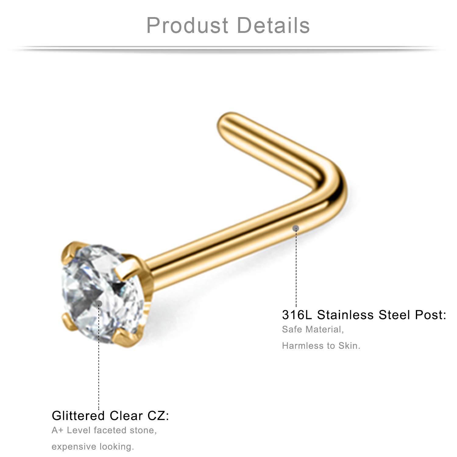 Ruifan 12PCS 20G 316L Surgical Steel 1.5mm 2mm 2.5mm 3mm 3.5mm 4mm Clear Round Diamond Cubic Zirconia Crystal Nose L Shaped Studs Rings Piercing Jewelry - Gold